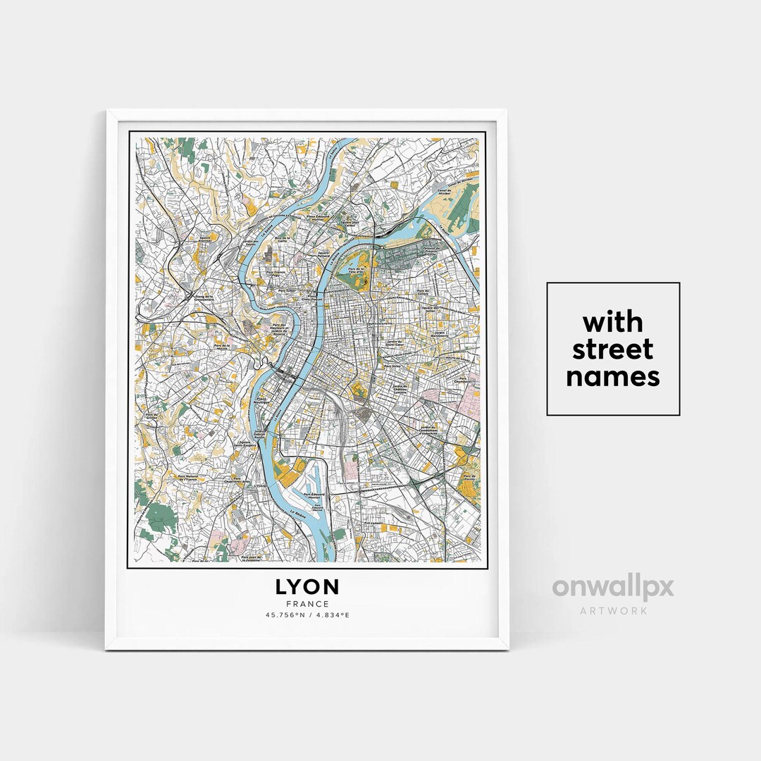 Lyon Map Print, Street Names Lyon Print, Printable Map of Lyon, City ...