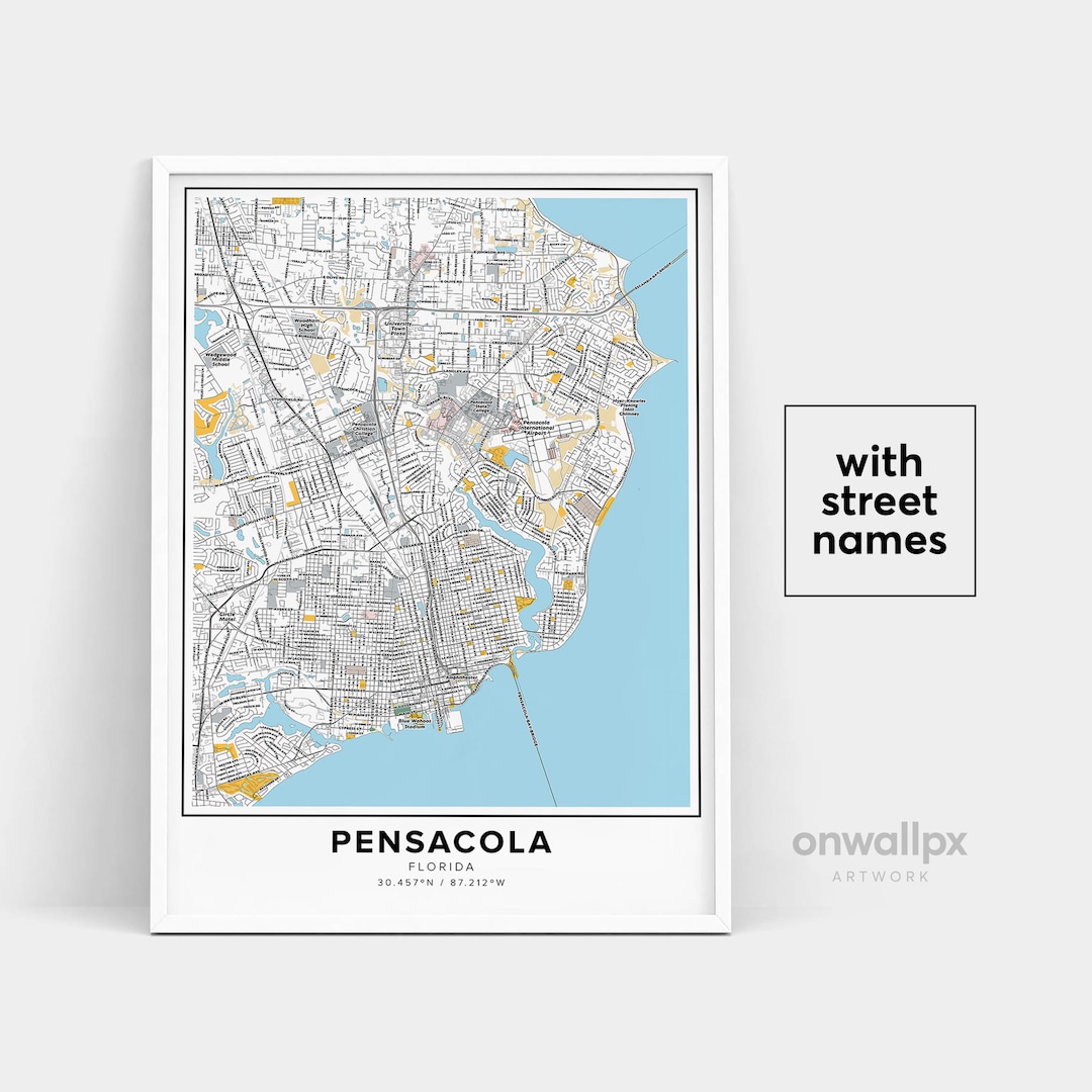 Pensacola Map Print, Street Names Pensacola Print, Printable Map of ...