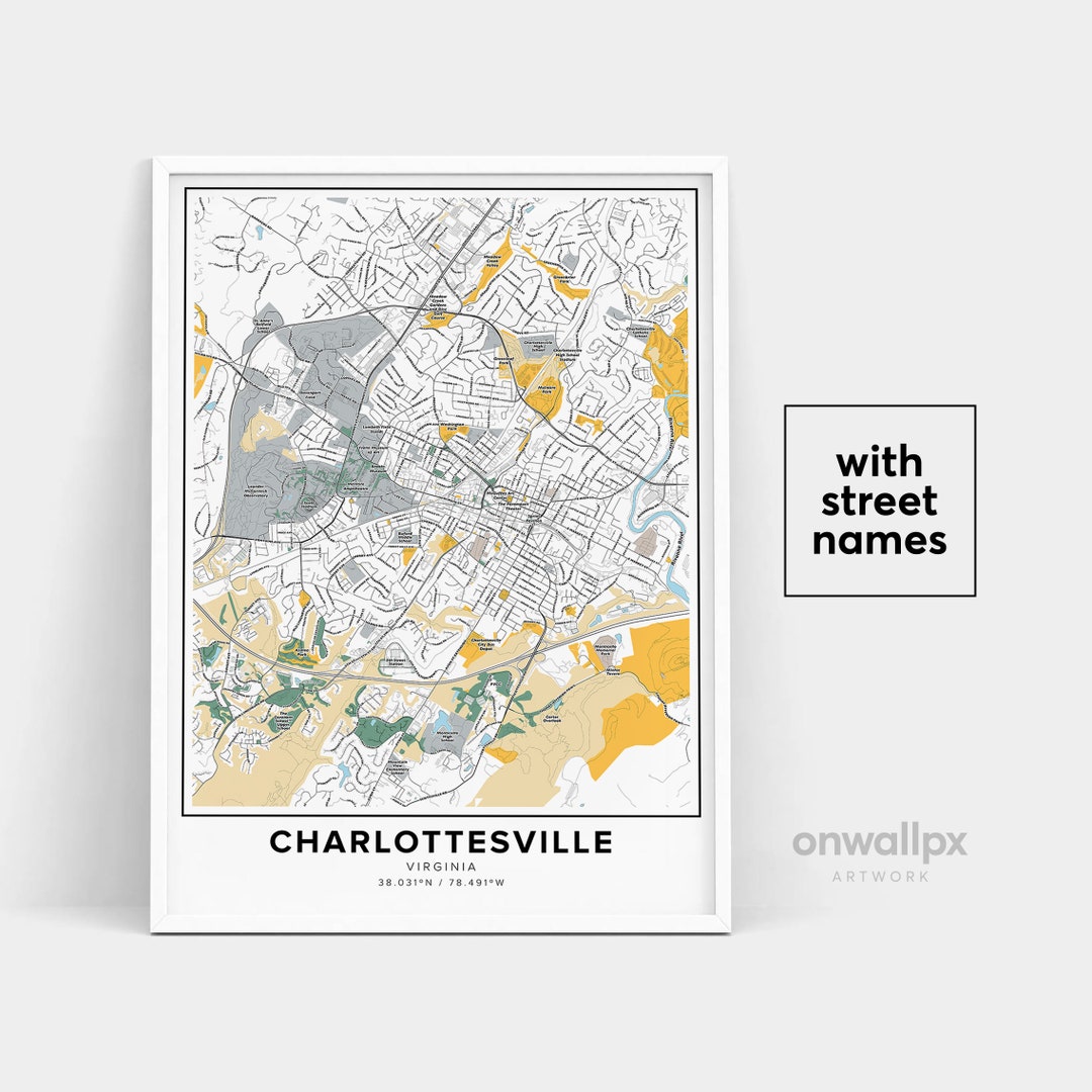 Charlottesville Map Print, Street Names Charlottesville Print, City Map ...