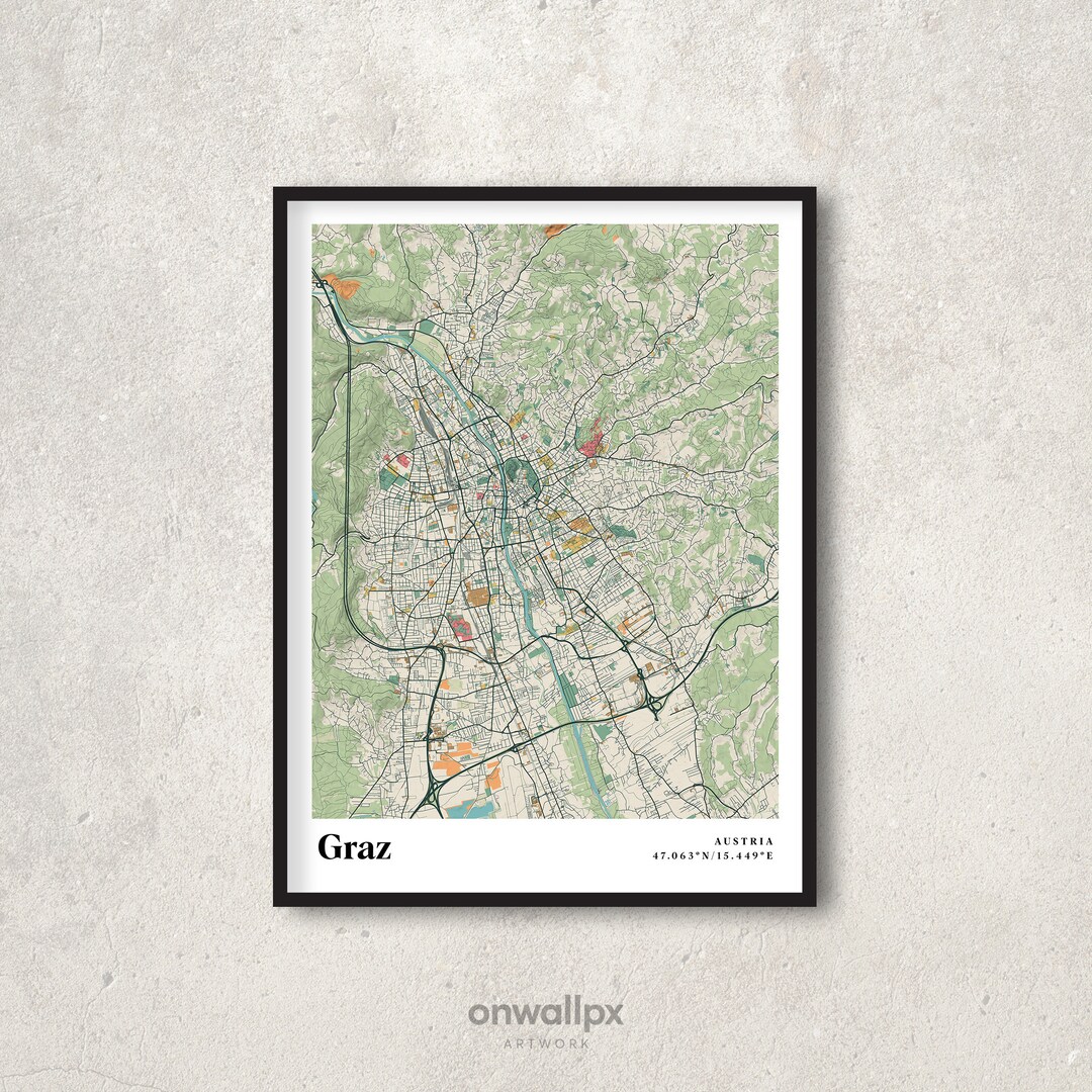 Graz Map Poster Print, Retro Graz Map Decor, Vintage Graz Gift Map ...