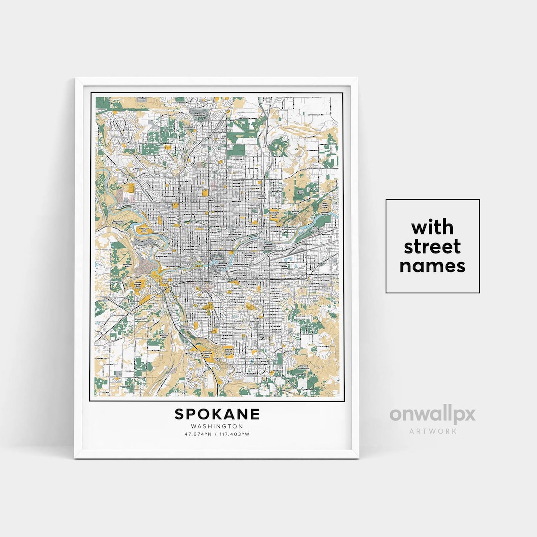 Spokane Map Print, Street Names Spokane Print, Printable Map of Spokane ...