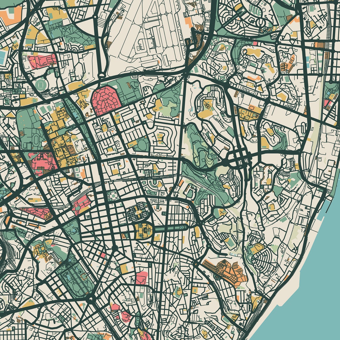 Lisbon Map Poster Print, Retro Lisbon Map Decor, Vintage Lisbon Gift ...