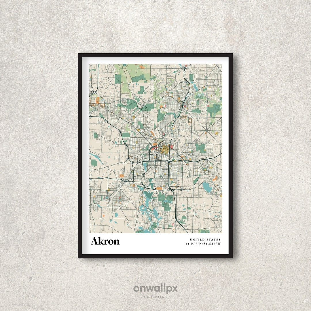 Akron Map Print Poster, Retro Akron Map Decor, Vintage Akron Gift Wall ...