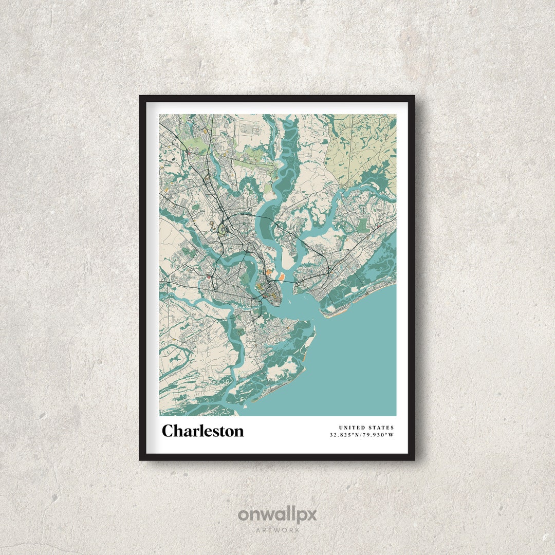 Charleston Print Map, Retro Charleston Map Poster, Vintage Charleston ...