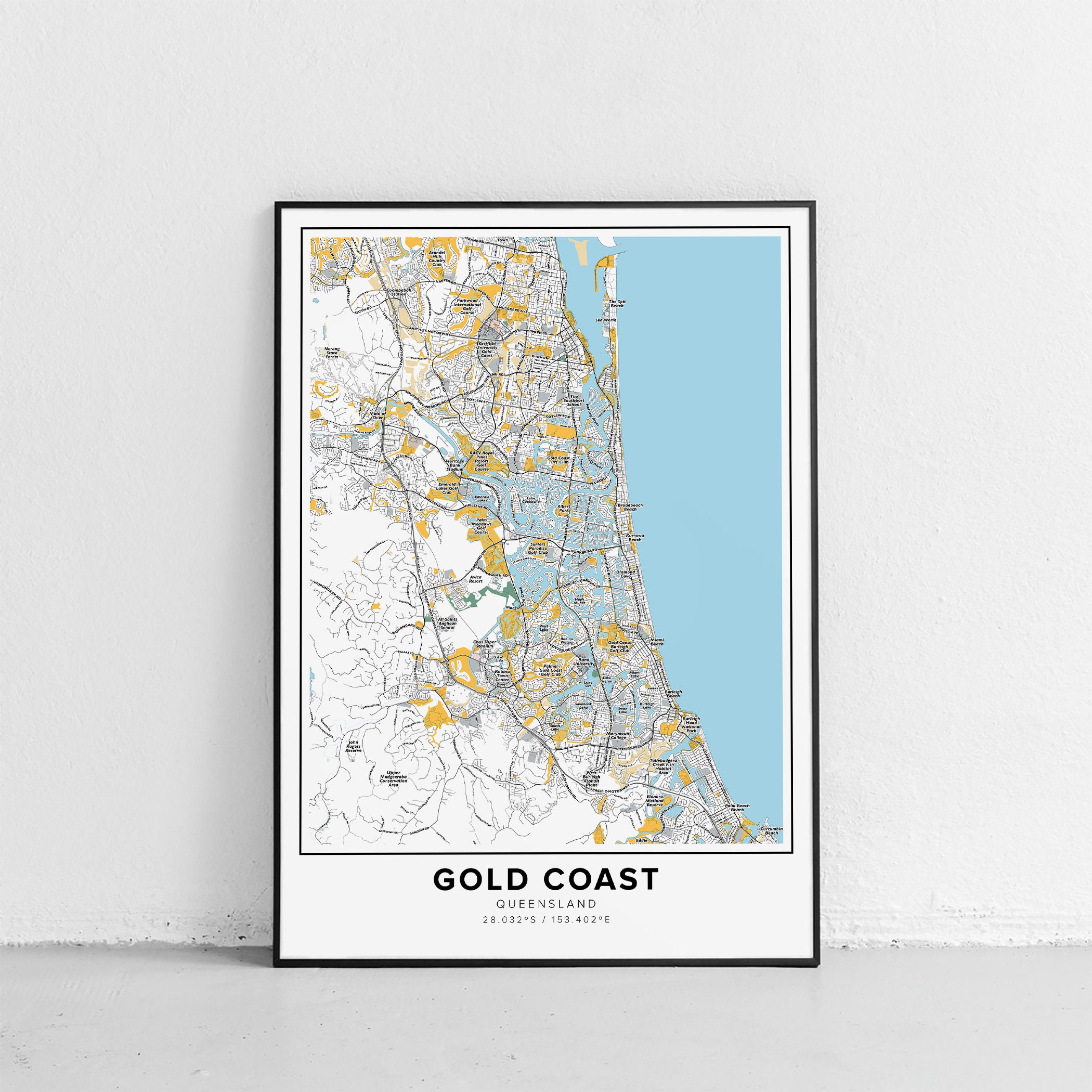 Gold Coast Map Print, Street Names Gold Coast Print, Map of Gold Coast ...