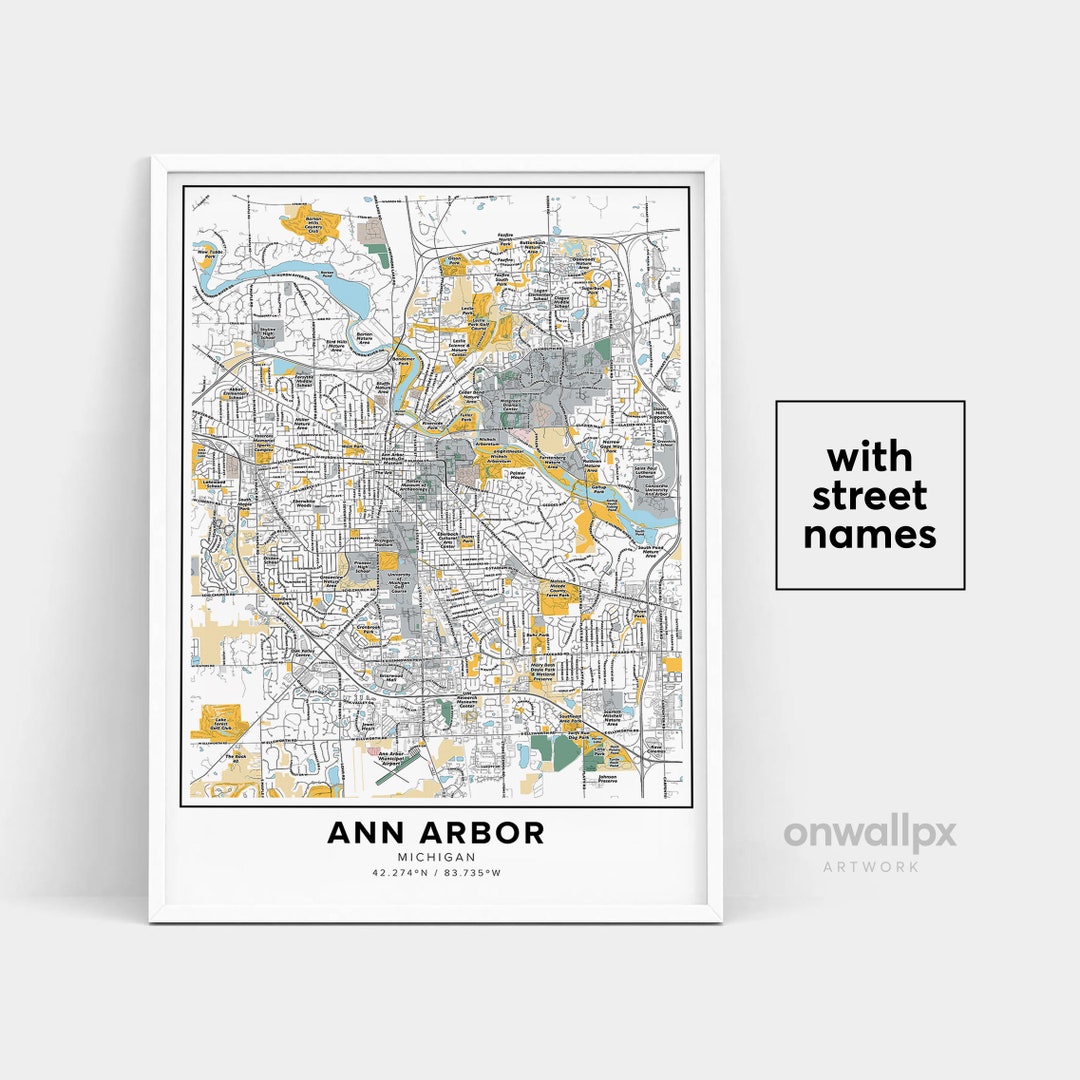 Ann Arbor Map Print, Street Names Ann Arbor Print, Printable Map of Ann ...