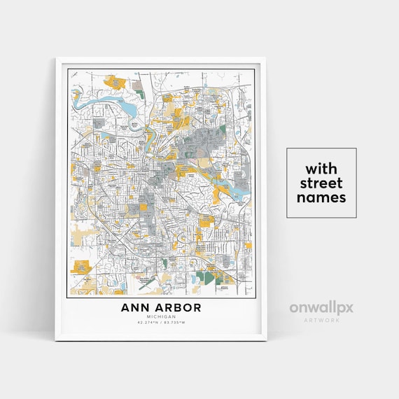 Michigan Map With City Names Ann Arbor Map Print, Street Names Ann