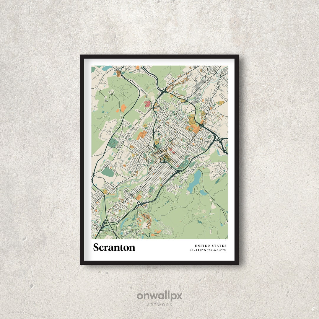 Scranton Map Print Poster, Retro Scranton Map Art, Vintage Scranton ...