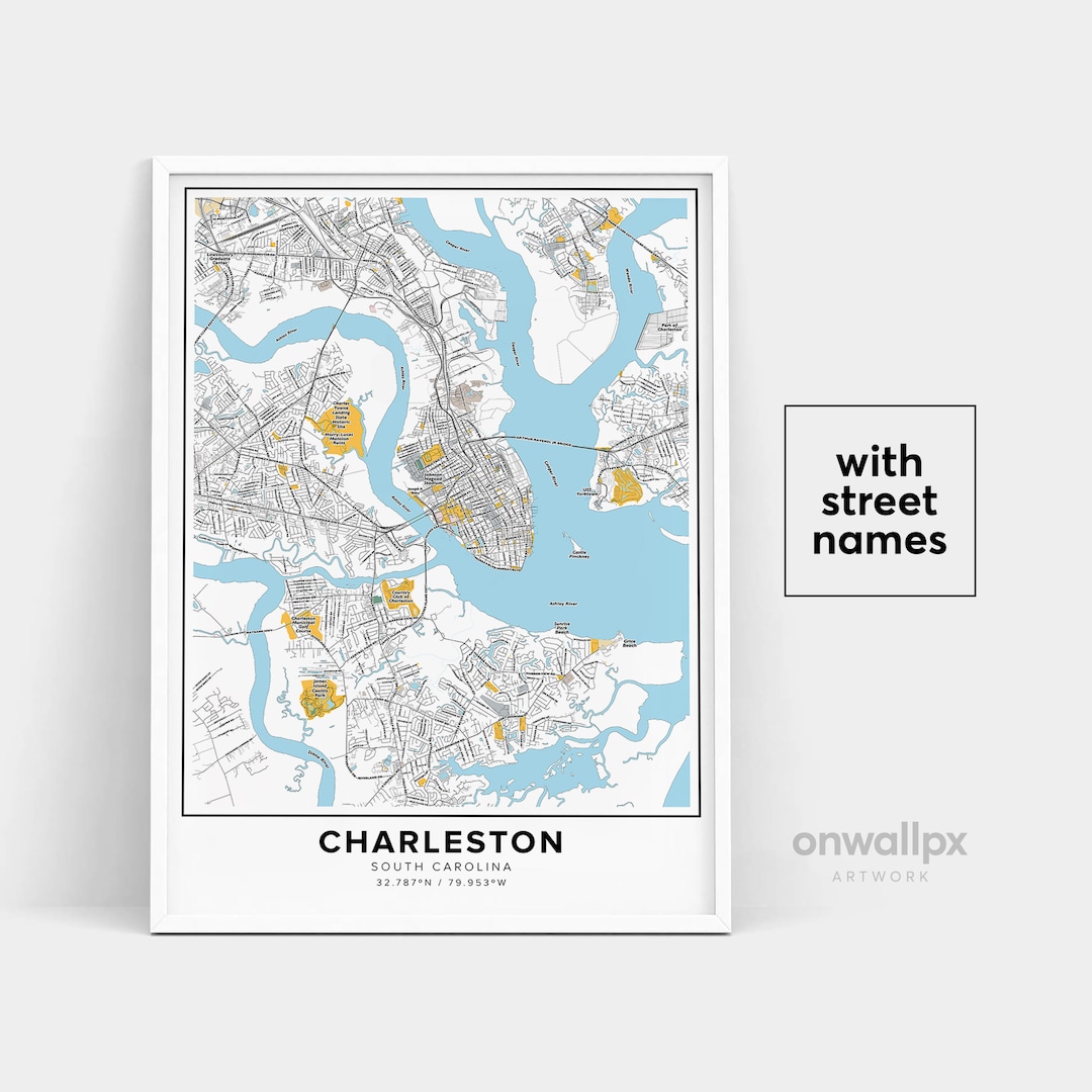 Charleston Map Print, Street Names Charleston Print, Map of Charleston ...