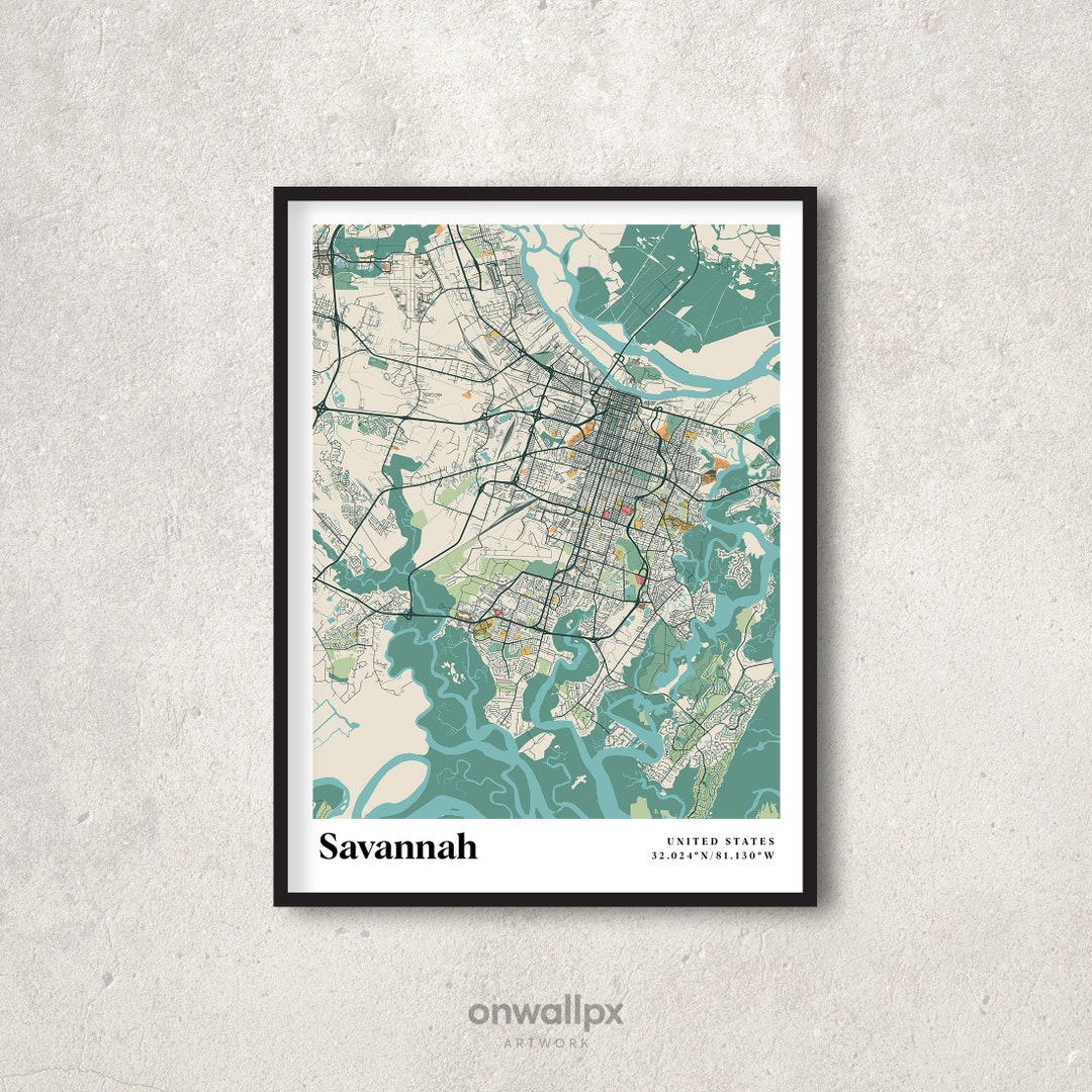 Savannah Print Map, Retro Savannah Map Poster, Vintage Savannah Street Map Art, Gift Map ...