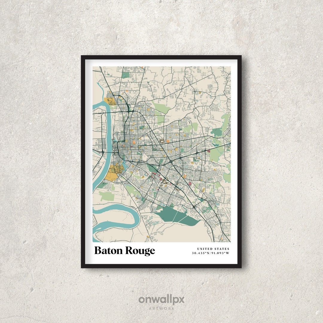 Baton Rouge Print Map, Retro Baton Rouge Map Poster, Vintage Baton ...