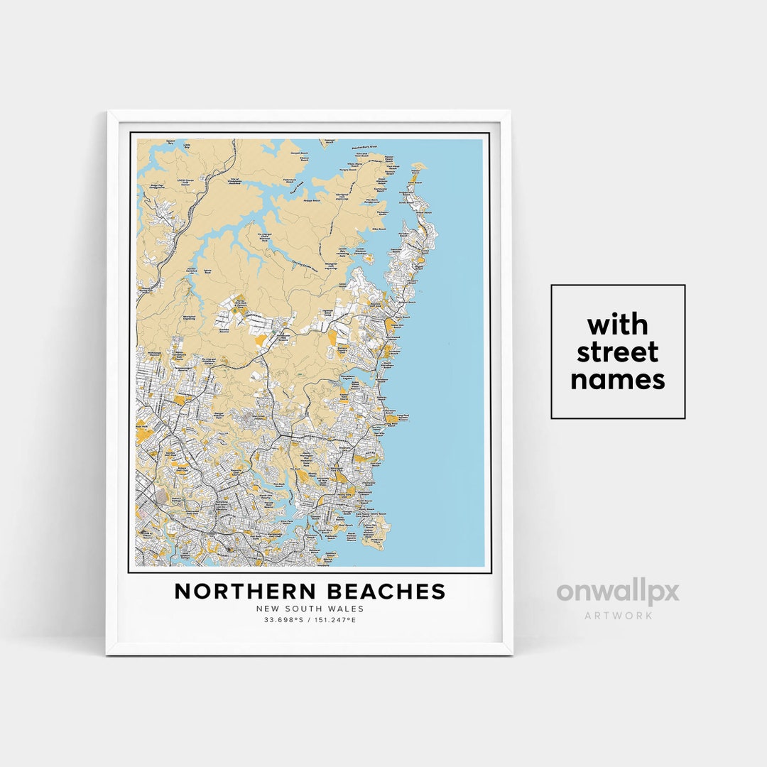 Northern Beaches Map Print, Street Names Northern Beaches Print, City ...