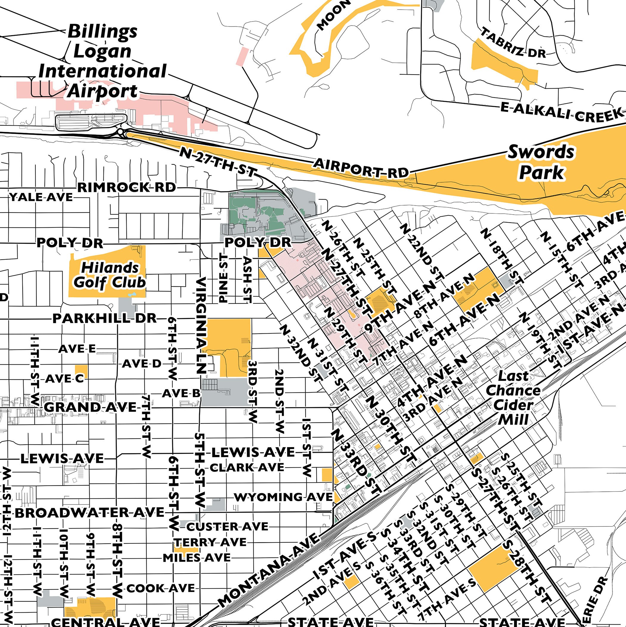 Billings Map Print, Street Names Billings Print, Printable Map of ...