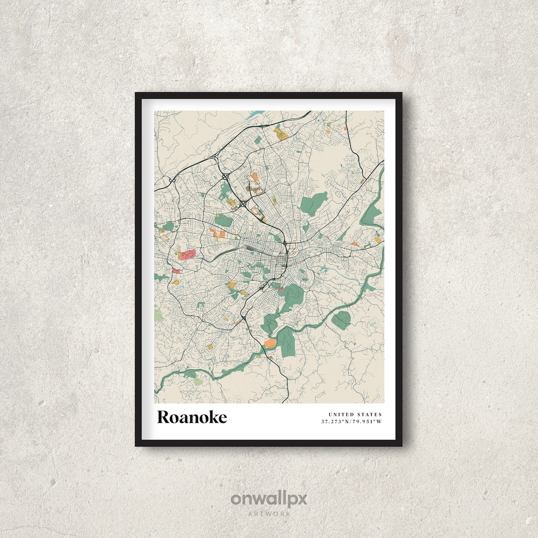 Roanoke Print Map, Retro Roanoke Map Poster, Vintage Roanoke Streets ...