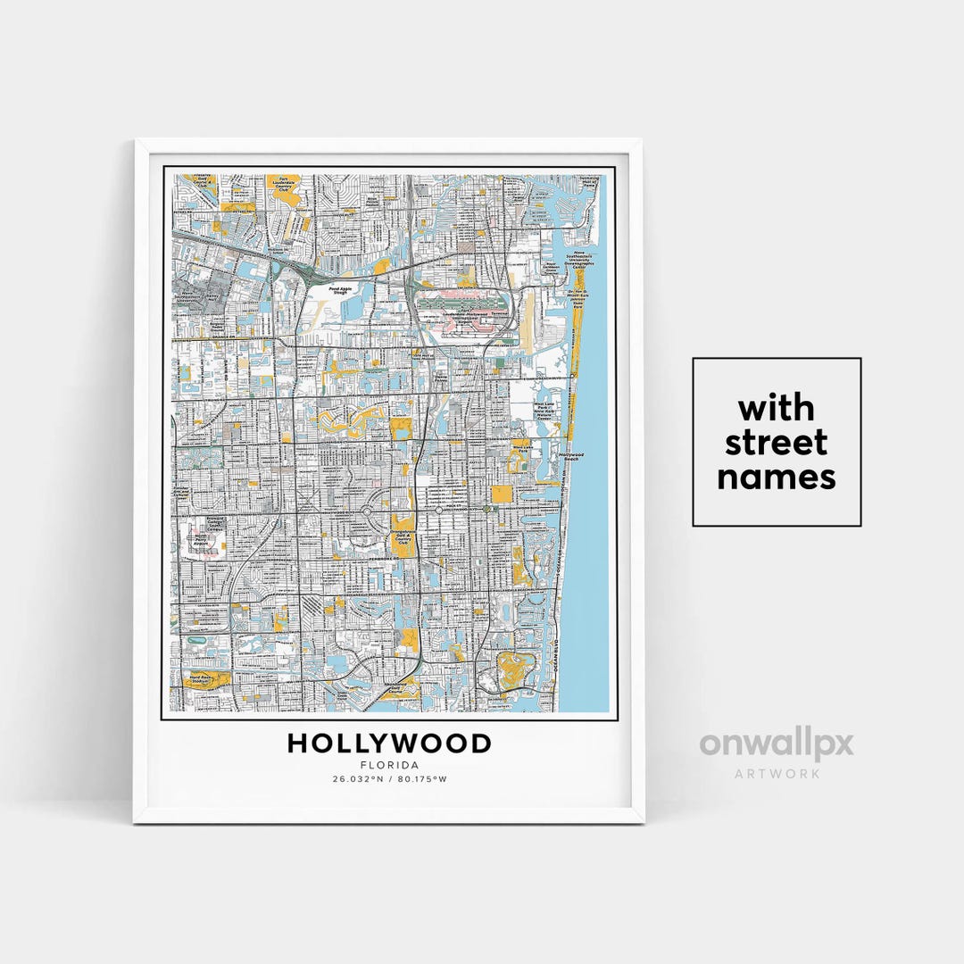 Hollywood Map Print, Street Names Hollywood Print, Printable Map of ...
