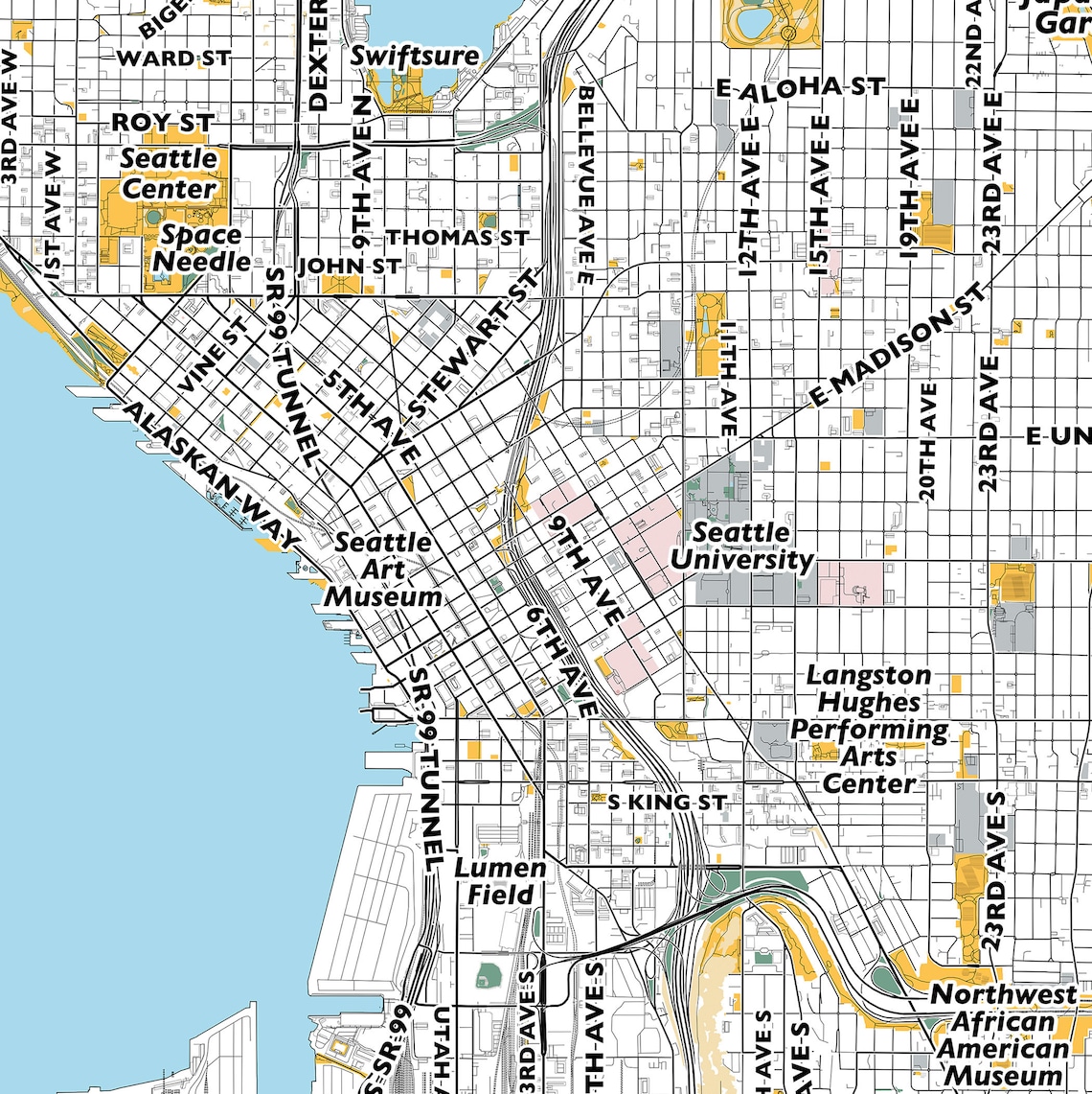 Seattle Map Print Street Names Seattle Print Printable Map - Etsy