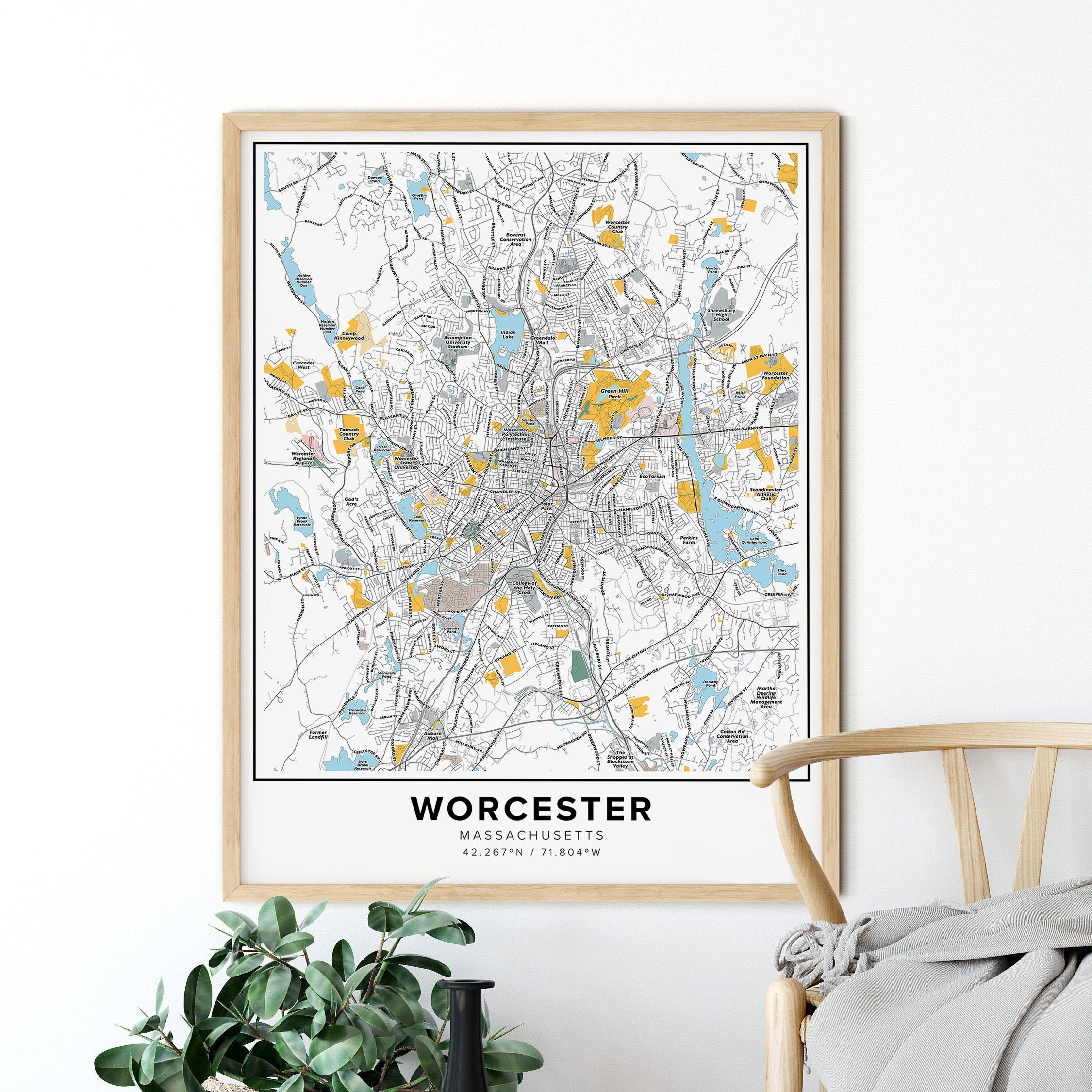 Worcester Map Print Street Names Worcester Print Printable - Etsy