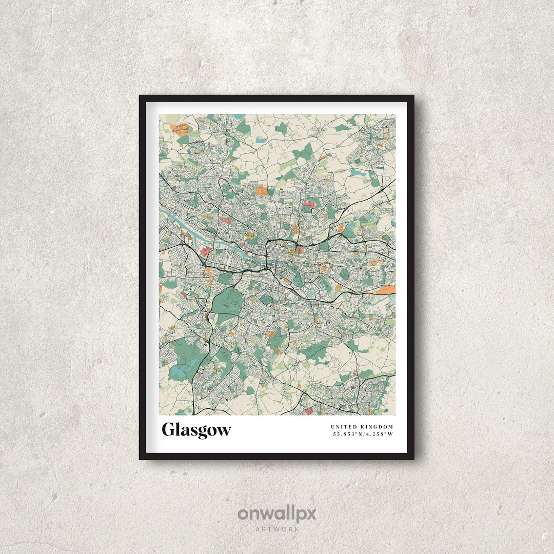 Glasgow Print Map, Retro Glasgow Map Poster, Vintage Glasgow Street Map ...