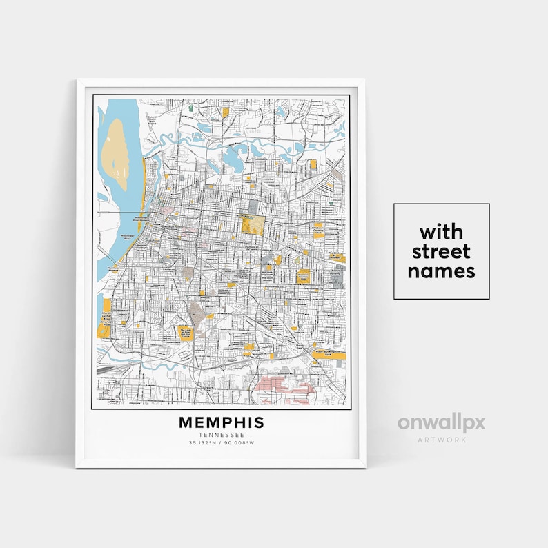 Memphis Map Print, Street Names Memphis Print, Printable Map of Memphis ...