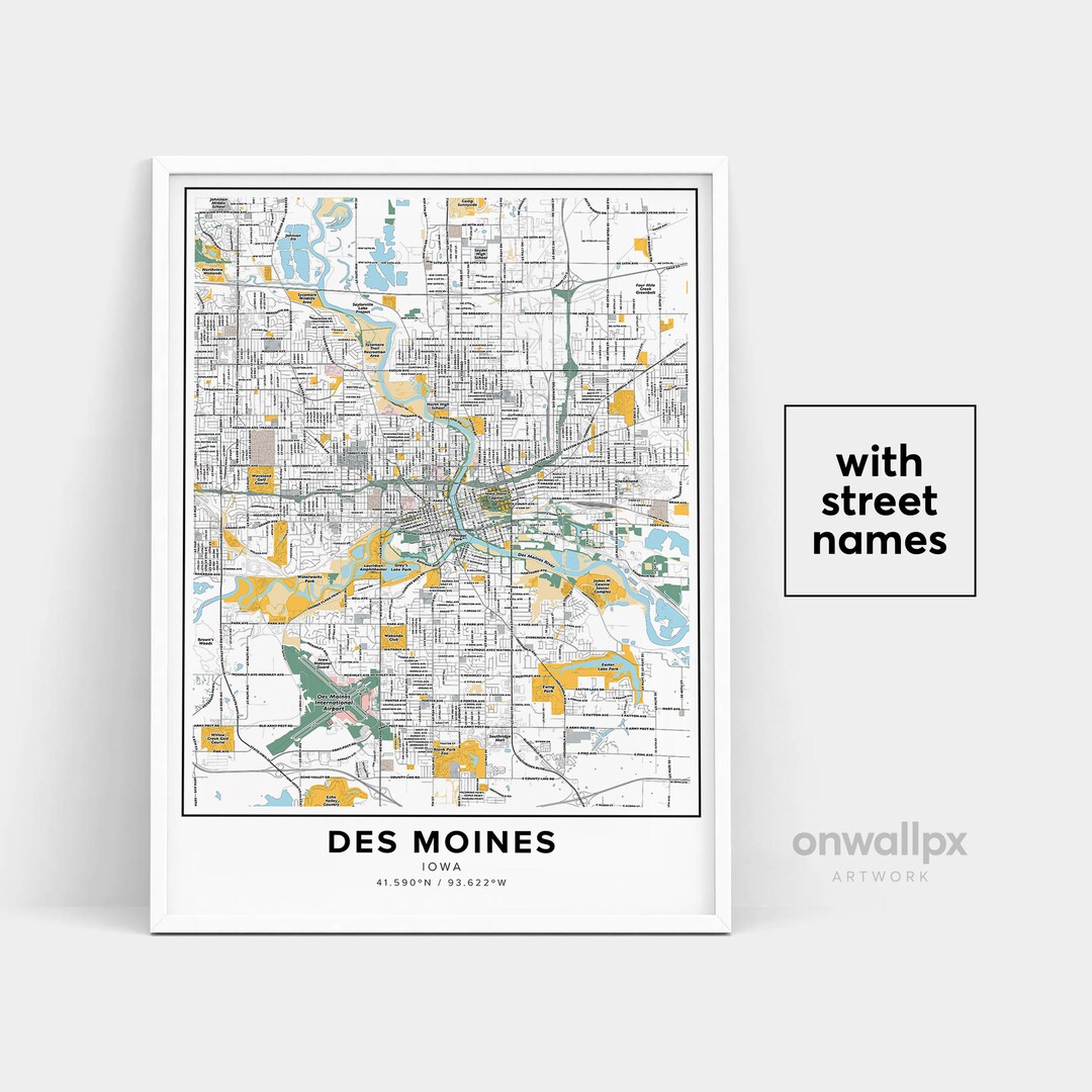 Des Moines Map Print, Street Names Des Moines Print, Printable Map of ...