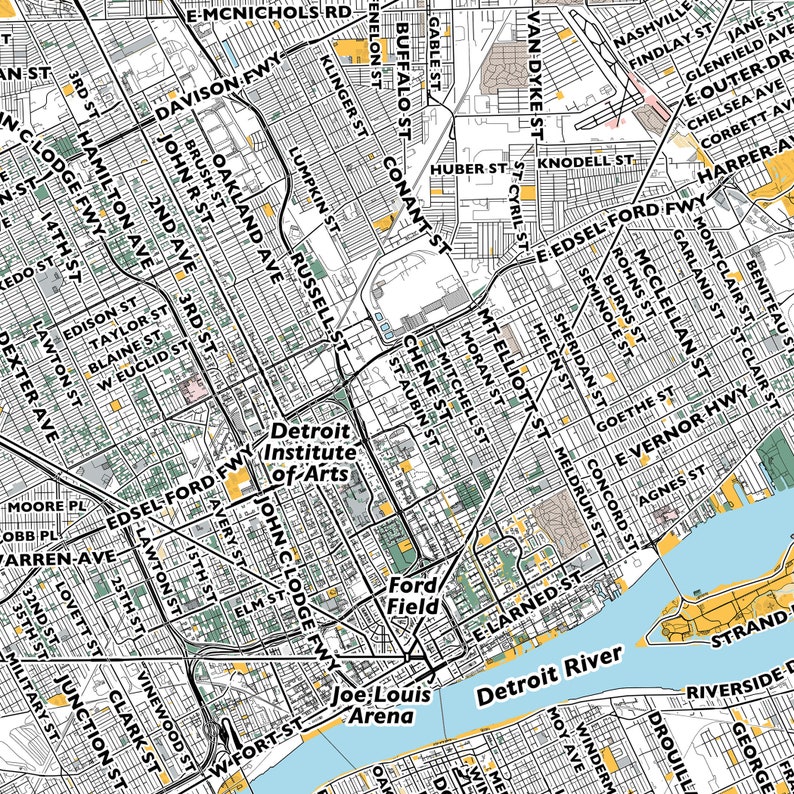 Detroit Map Print, Street Names Detroit Print, Printable Map of Detroit ...