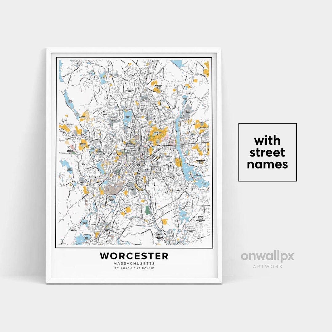 Worcester Map Print, Street Names Worcester Print, Printable Map of ...