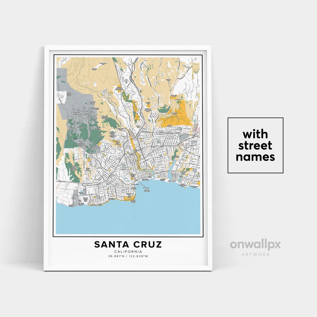 Santa Cruz Map Print, Street Names Santa Cruz Print, Map of Santa Cruz ...