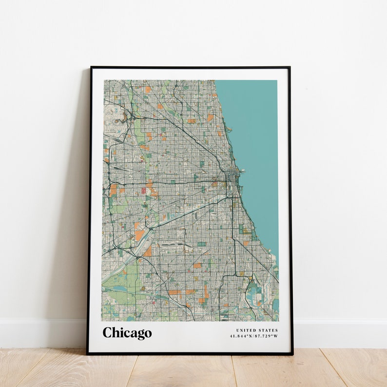 Chicago Print Map Retro Chicago Map Poster Vintage Chicago - Etsy