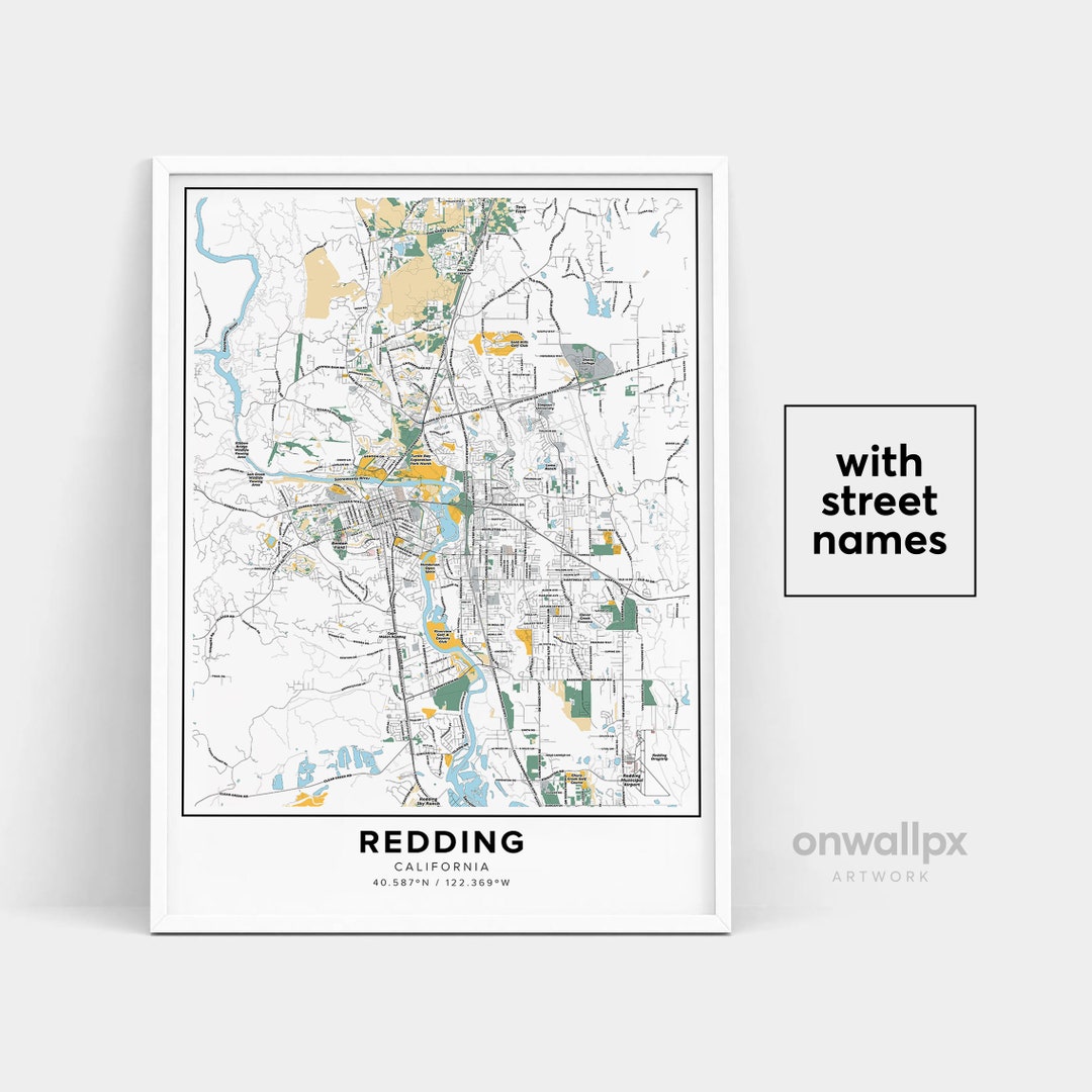 Redding Map Print, Street Names Redding Print, Printable Map of Redding, City Map Art, Redding ...