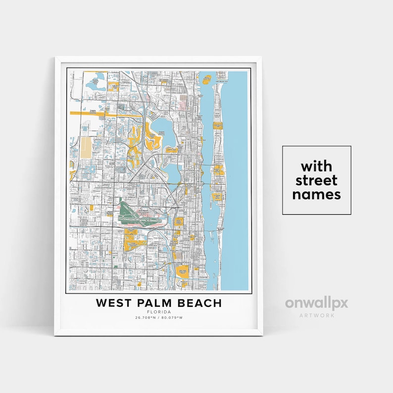 West Palm Beach Map Print Street Names Map City Map Art Map - Etsy