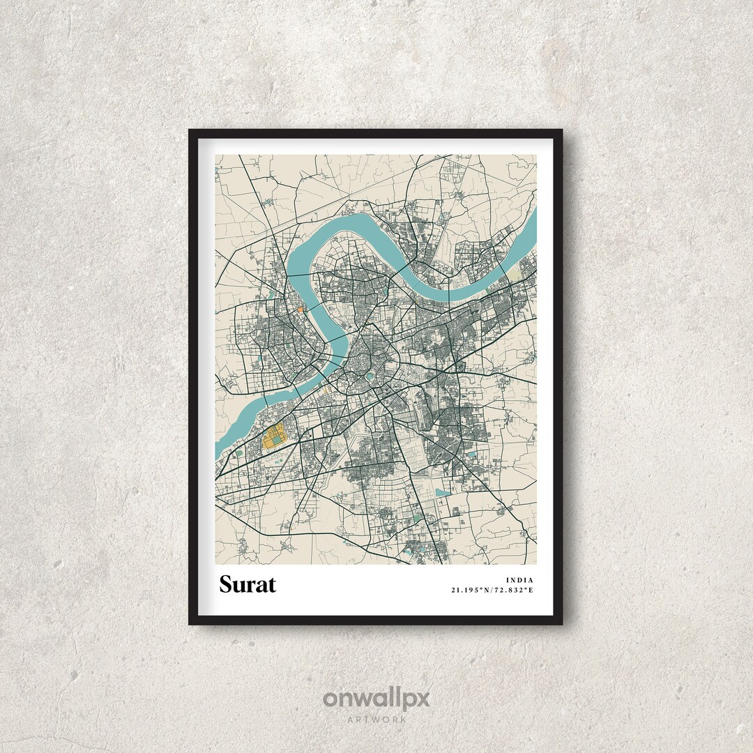 Surat Map Print Poster, Retro Surat Map Decor, Vintage Surat Gift Wall ...