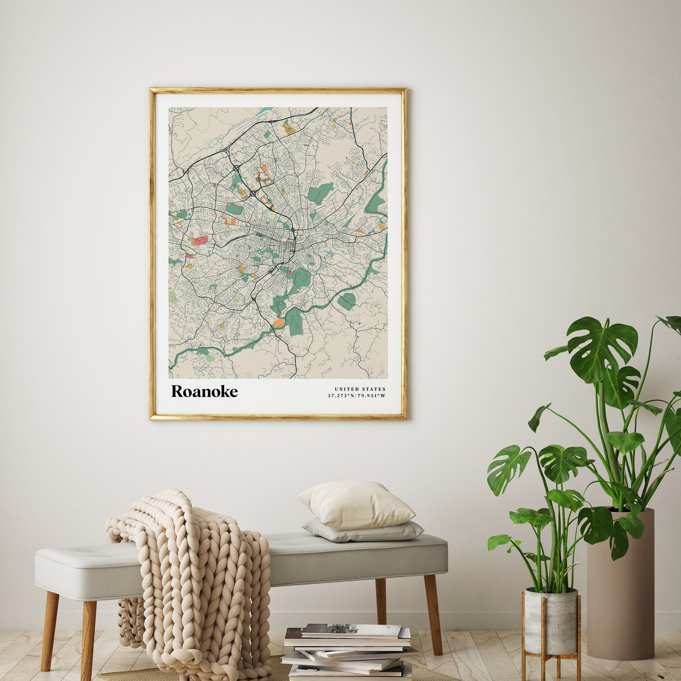 Roanoke Print Map, Retro Roanoke Map Poster, Vintage Roanoke Streets ...