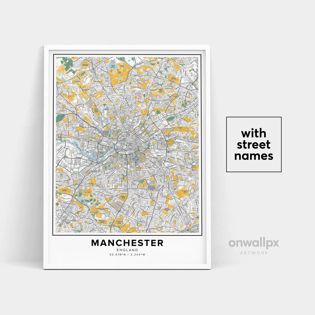 Manchester Map Print, Street Names Manchester Print, Map of Manchester ...