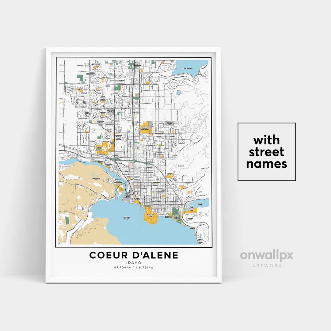 Coeur D'alene Map Print, Street Names Coeur D'alene Print, Map of Coeur ...
