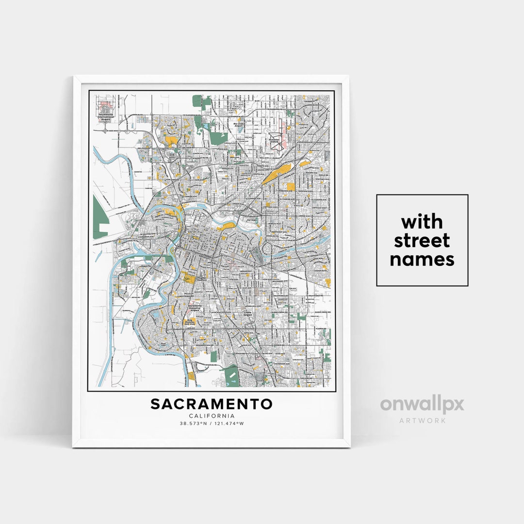 Sacramento Map Print, Street Names Sacramento Print, Map of Sacramento ...