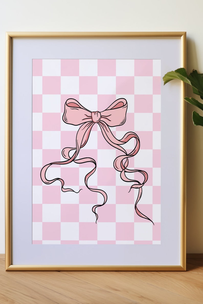 Pink Checkered Coquette Bow Print for Dance Decor Pink Ribbon Wall Art ...