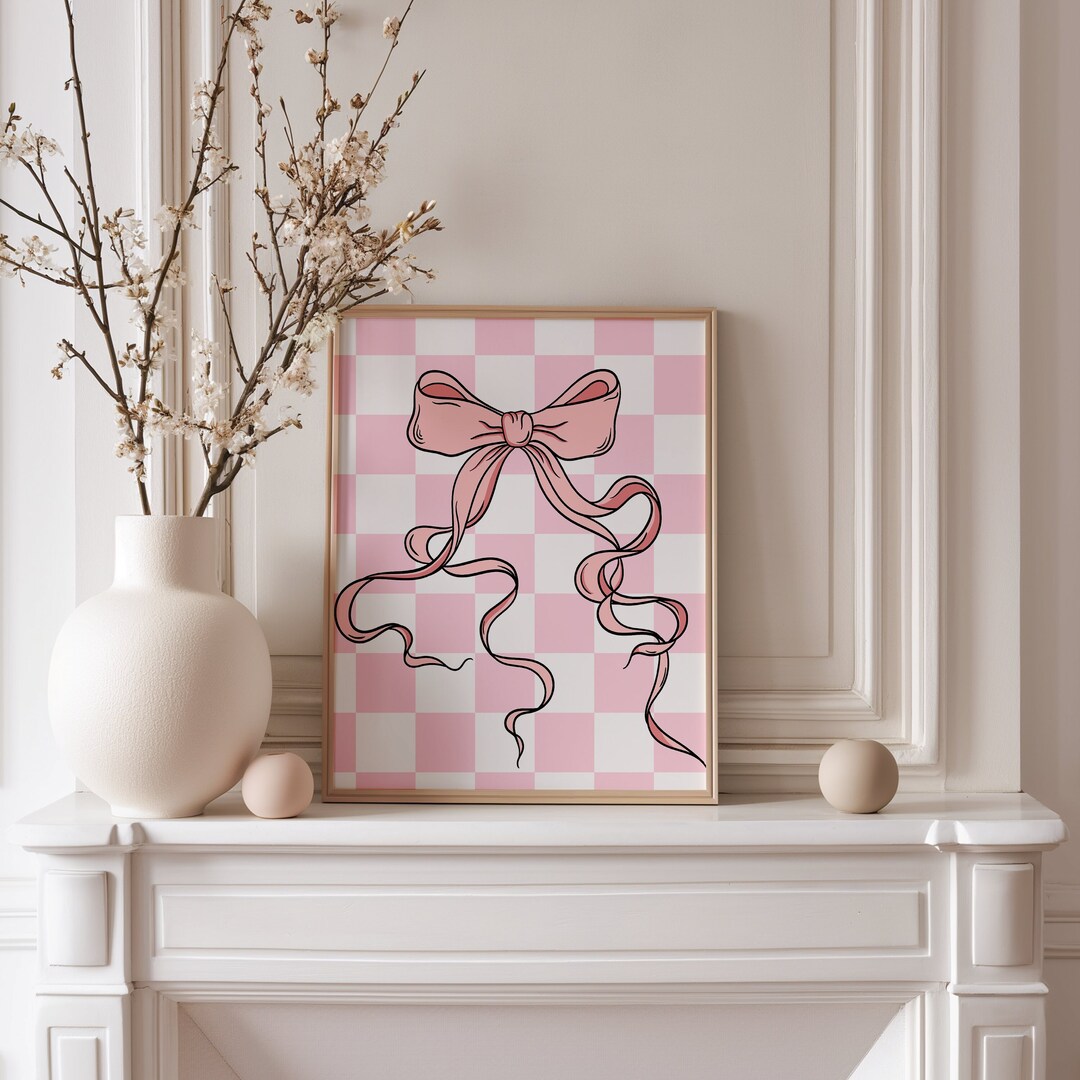 Pink Checkered Coquette Bow Print for Dance Decor Pink Ribbon Wall Art ...