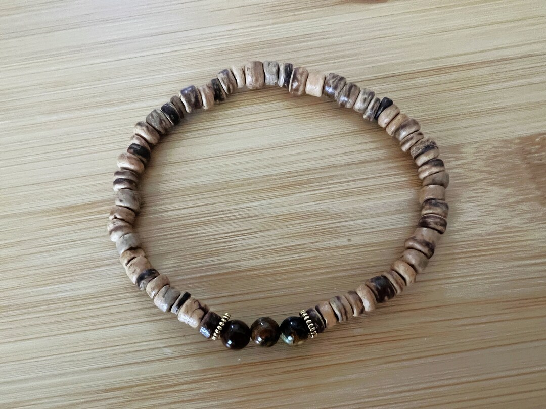 Coconut Wood & Tiger Eye Bracelet | Boho Natural Stone Beads| Mens Bracelet| Unisex Yoga Armband ...