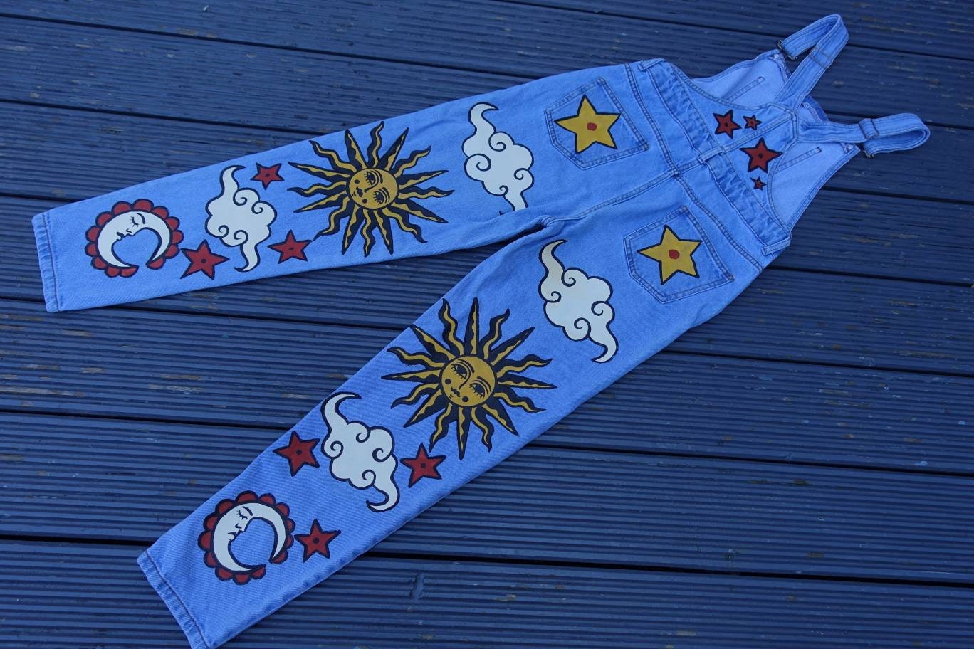 Hand Painted Custom Denim Overalls Dungarees With Celetial Stars, Suns ...