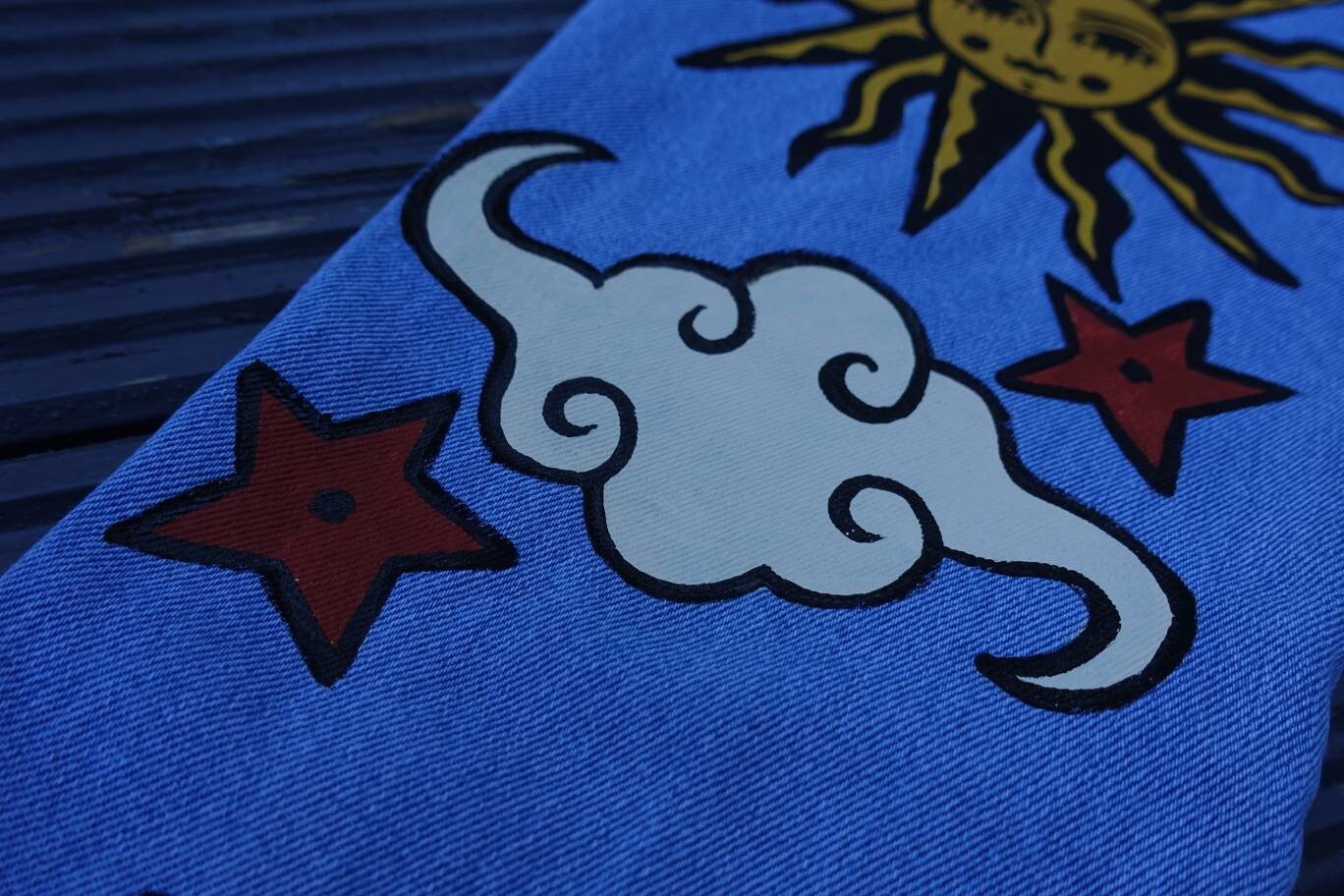 Hand Painted Custom Denim Overalls Dungarees With Celetial Stars, Suns ...