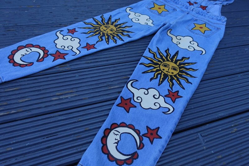 Hand Painted Custom Denim Overalls Dungarees With Celetial Stars, Suns ...