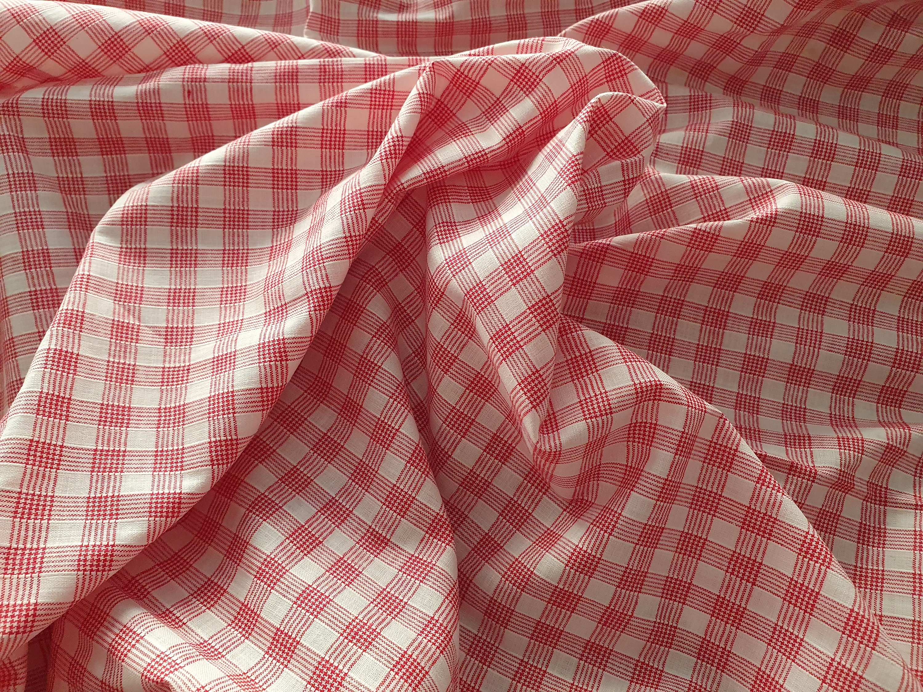 Old red and white checkered fabric coupon 355 cm x 98 cm 603 | Etsy