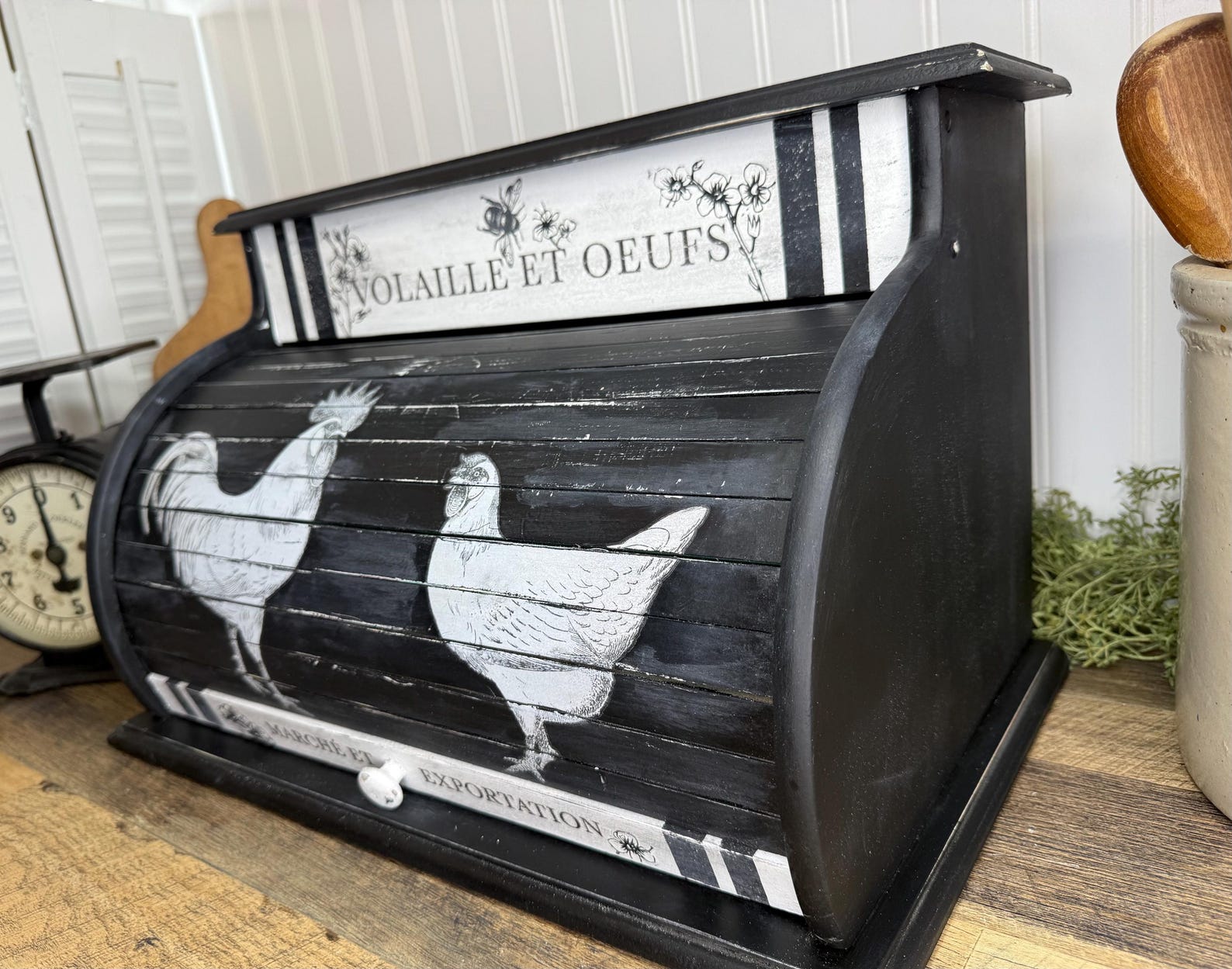 Vintage Large Wood Bread Bakery Box Bin Refinished With Chicken Rooster ...