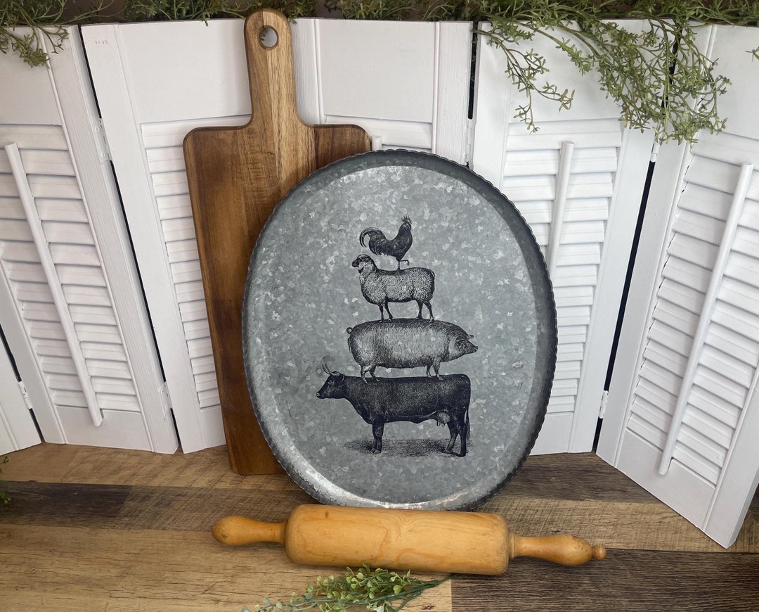 Large Metal Oval Tray With Farmhouse Cow Pig Sheet Rooster Decor - Etsy