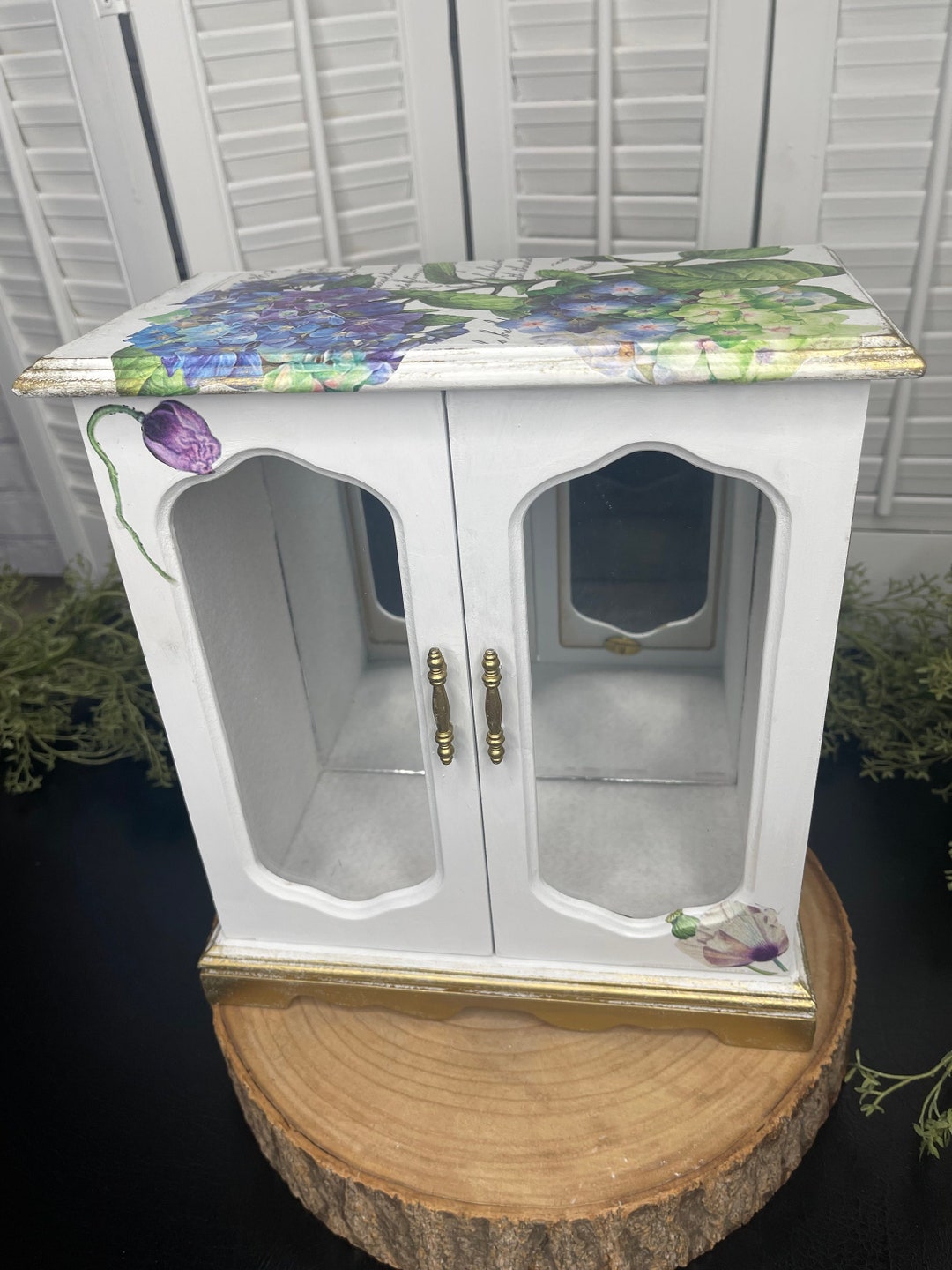 Vintage Refinished Wood Jewelry Box White Hydrangeas, Gold Purple Pink ...