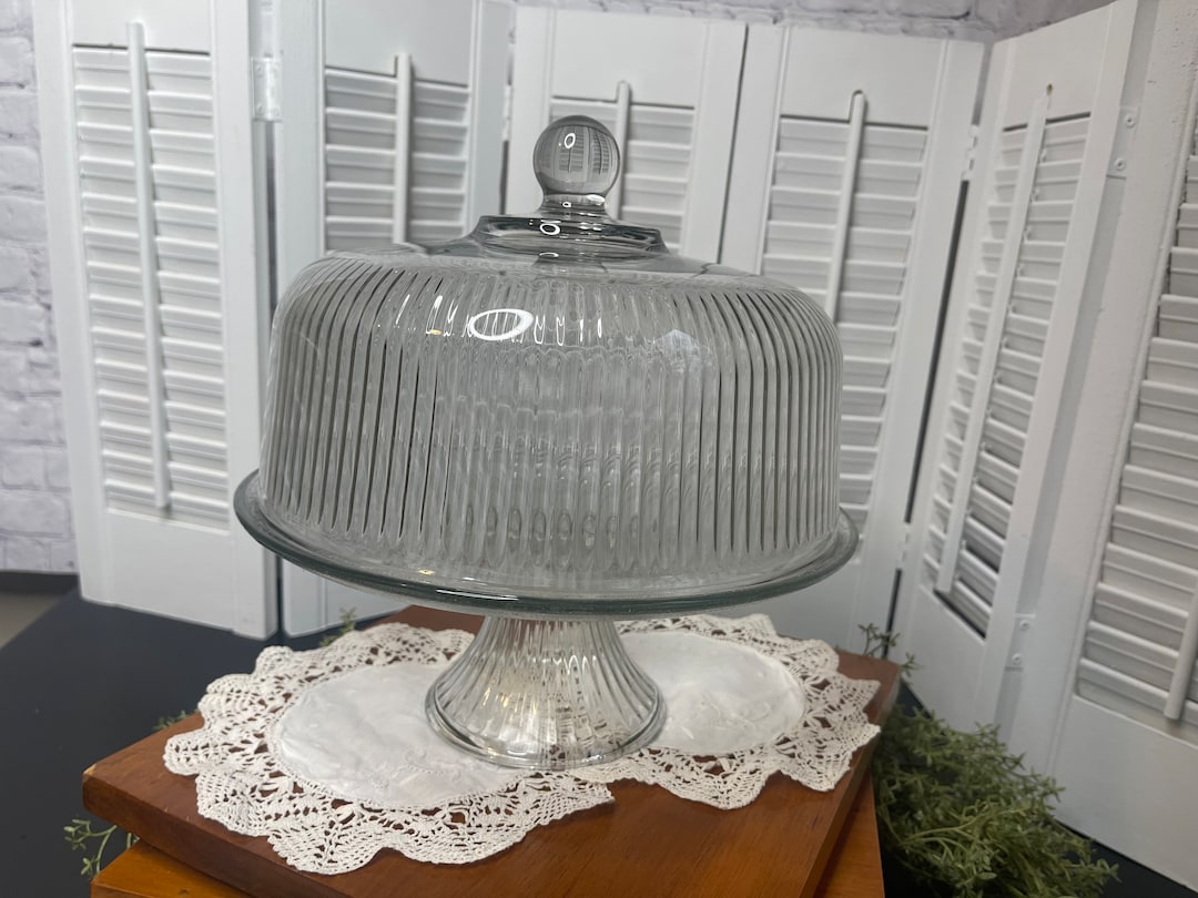Vintage Anchor Hocking Ribbed Pedestal Cake Stand With Cloche Dome ...
