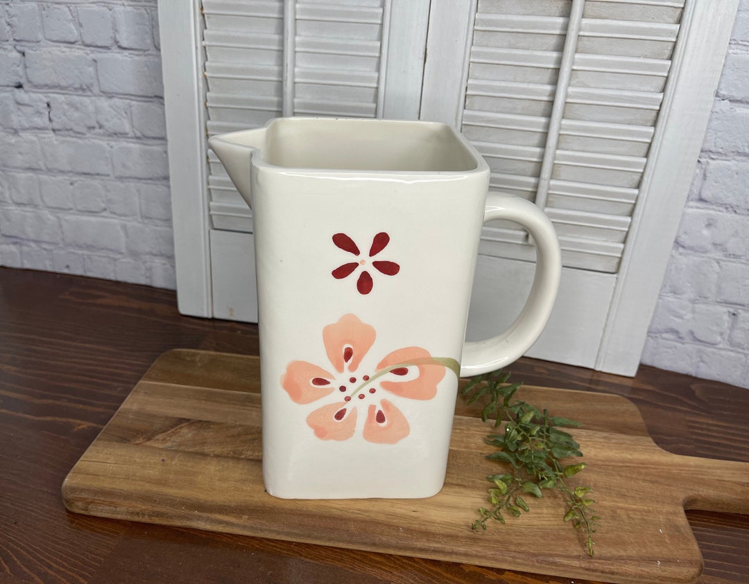 Large Vintage Corelle Square Pitcher Pretty Pink, Off-white Pitcher ...