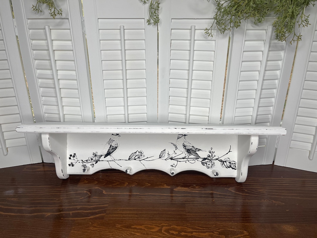 Rustic White Wood Bird Wall Shelf With 4 Pegs Entry Key - Etsy