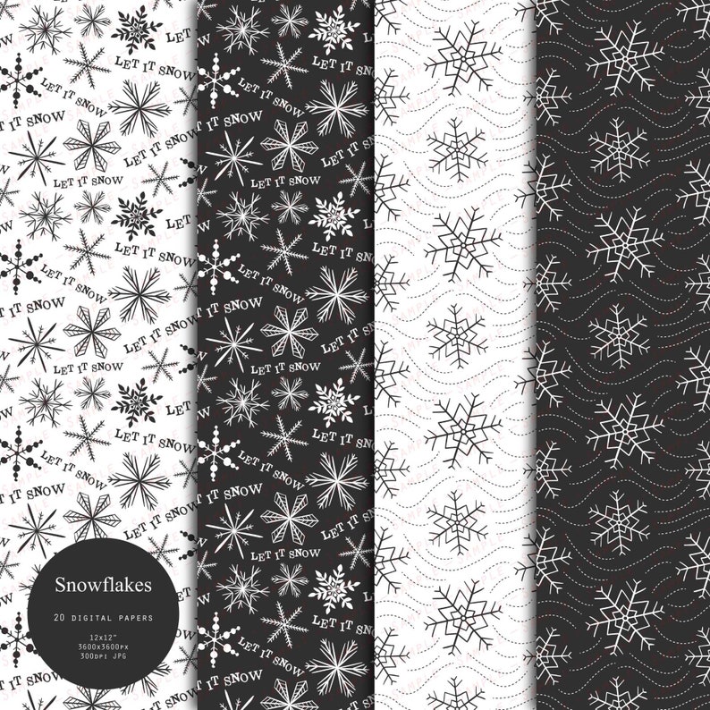 Snowflakes Digital Paper Pack - 20 Printable Papers in Dark Gray and ...