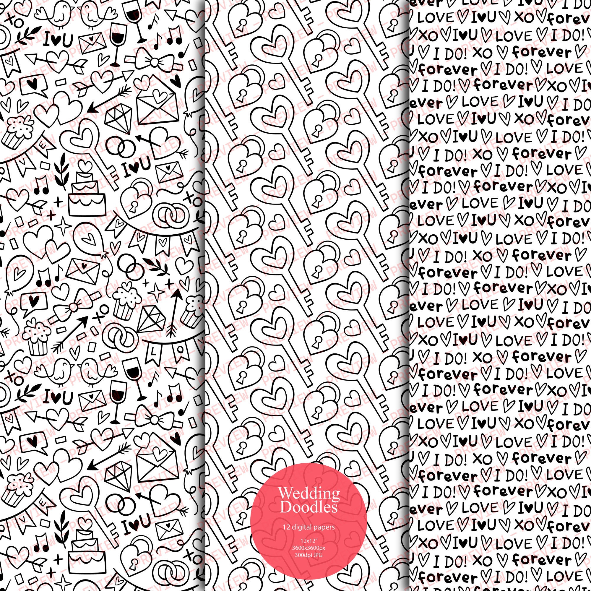 Wedding Doodles Digital Paper Pack - 12 Printable Papers for Personal ...